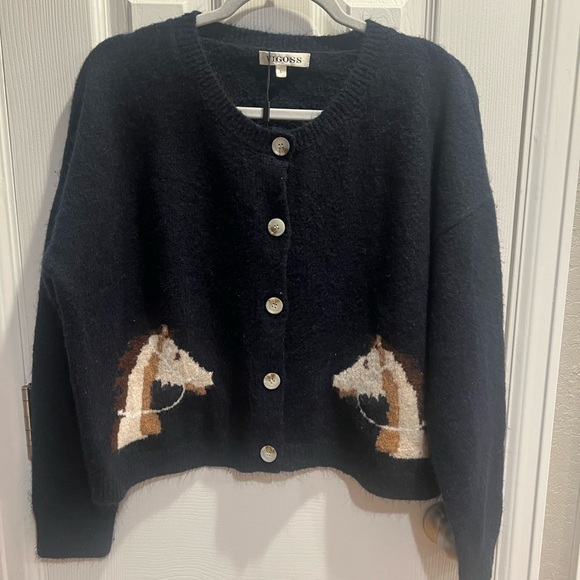 Vigoss | Sweaters | Vigoss Navy Cardigan With Horse Design | Poshmark